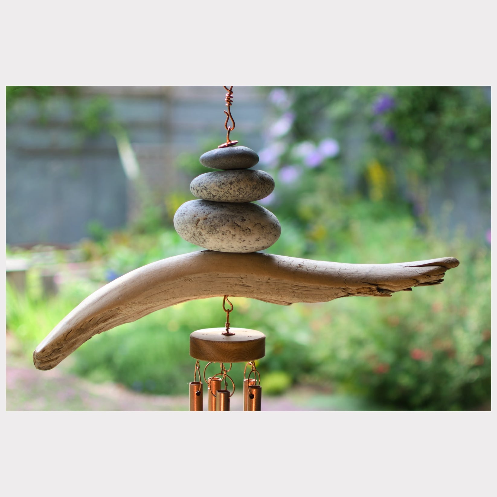 Driftwood and Stone Wind Chime - Beachcomber Outdoor Decor -Copper ...