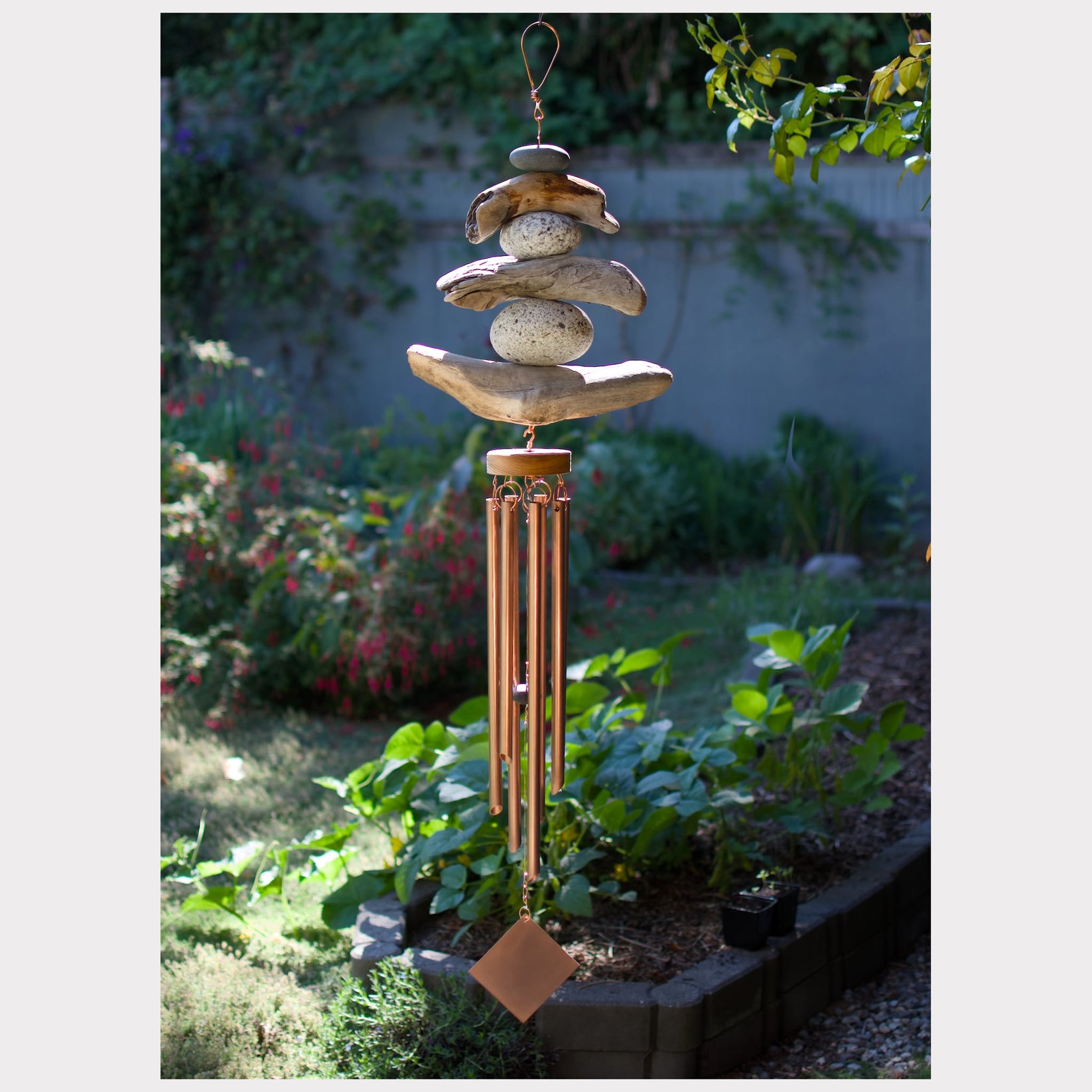 Rustic Driftwood Wind Chime - Coastal Beach Stones with Copper Chimes ...