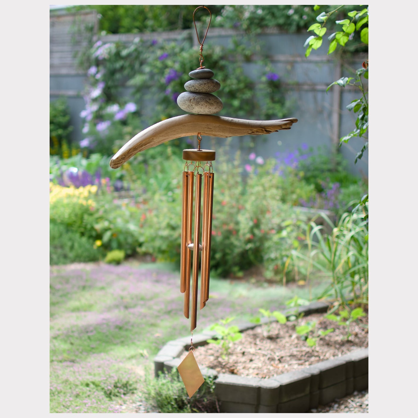 Driftwood and Stone Wind Chime - Beachcomber Outdoor Decor -Copper ...