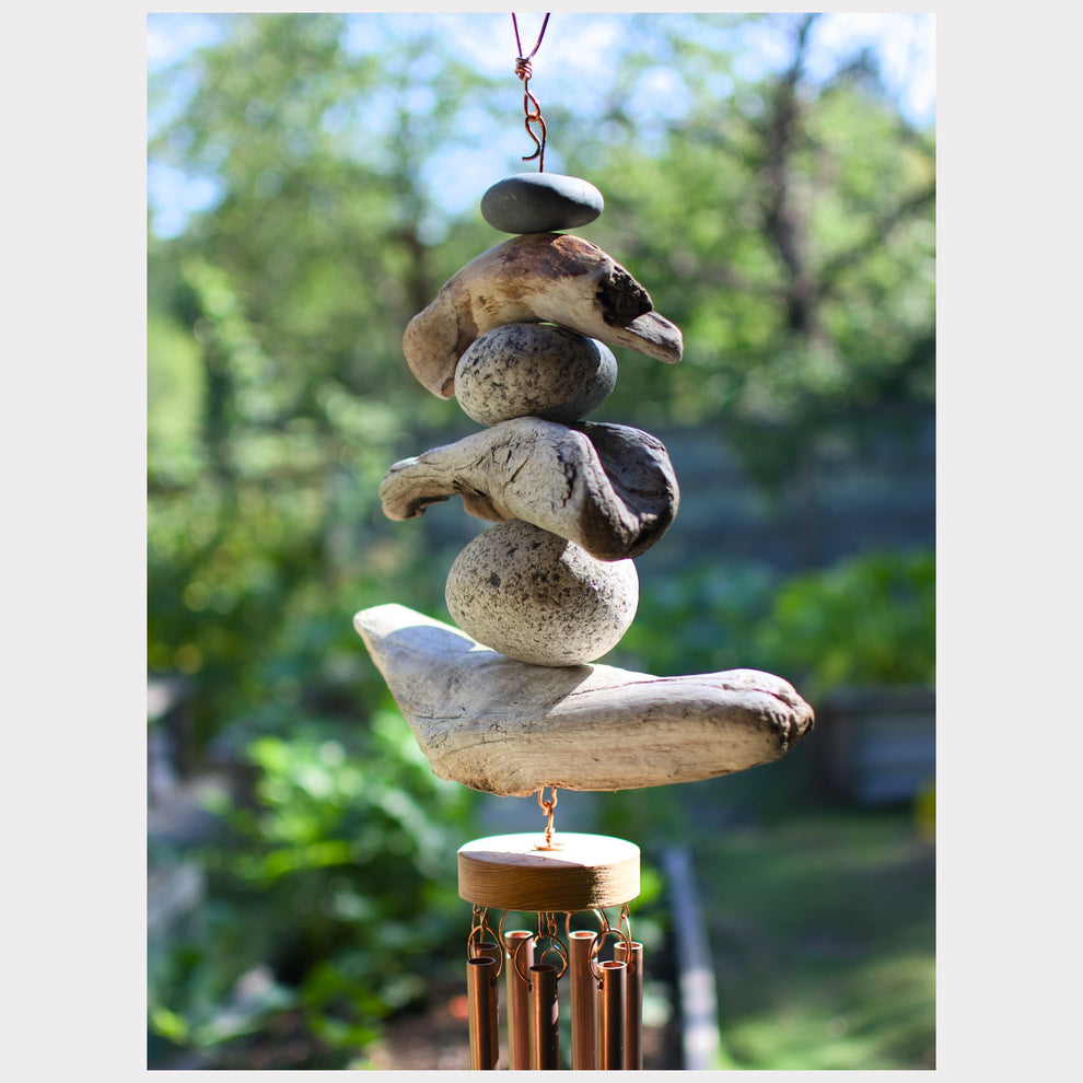 Rustic Driftwood Wind Chime - Coastal Beach Stones with Copper Chimes ...